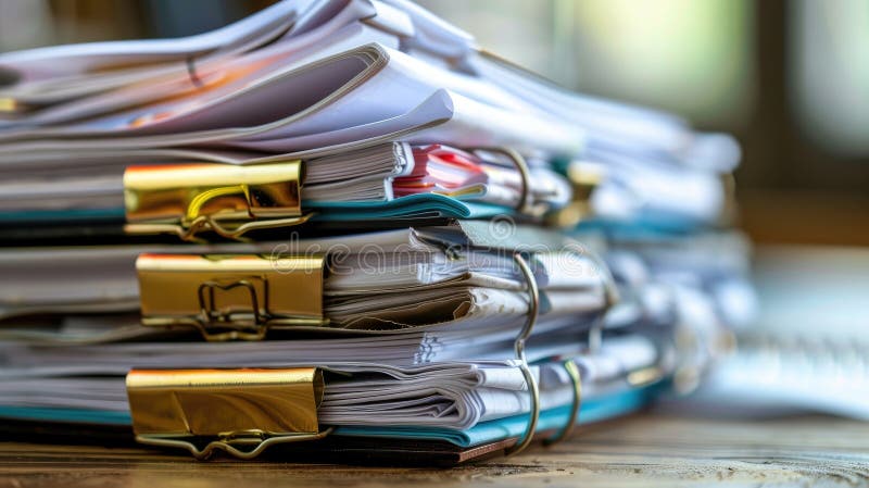 Extreme Close-up of Stacked Office Documents Held Together by a Paper ...