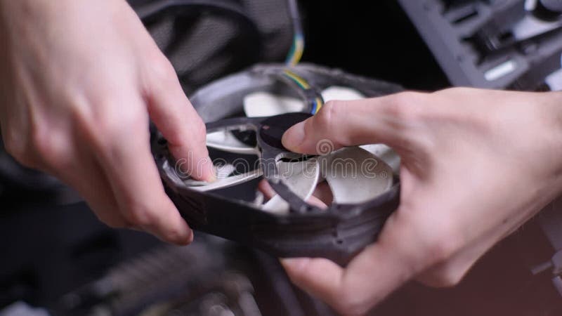 Extreme Close-up of Unrecognizable Technician Cleaning Dusty Big Fan on ...