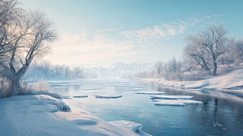 Extreme Cold Wave Freezing a River with Ice Chunks in Scenic Winter ...
