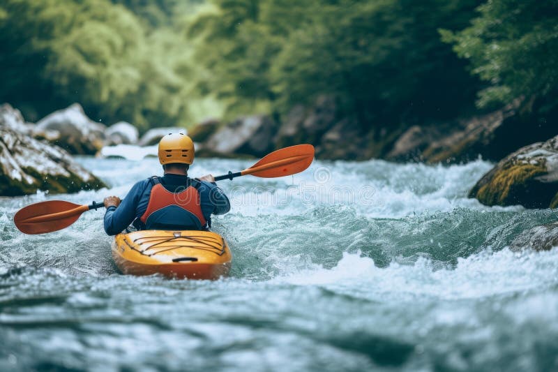 An Extreme Kayaker. a Man in a Kayak Rafting on a Mountain River Stock ...