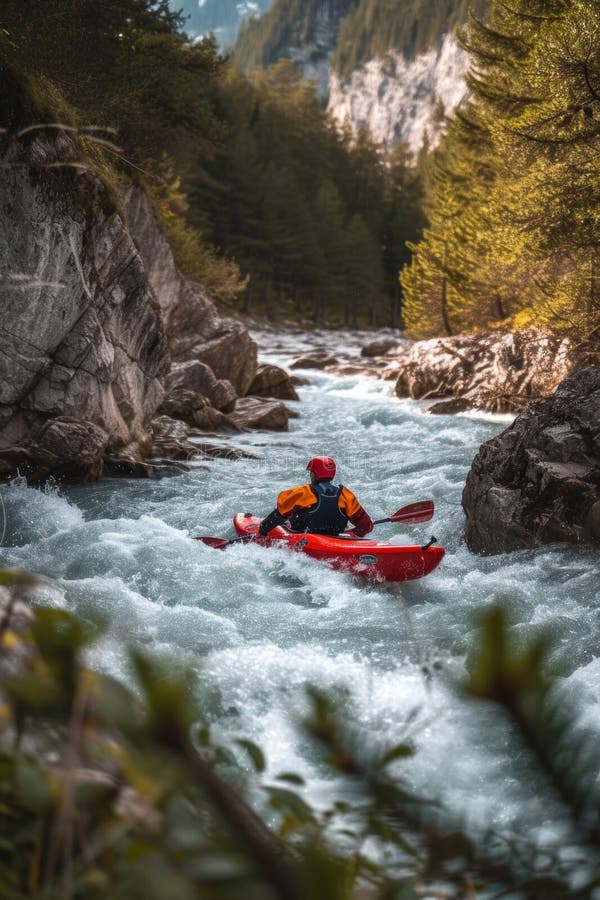 An Extreme Kayaker. a Man in a Kayak Rafting on a Mountain River Stock ...