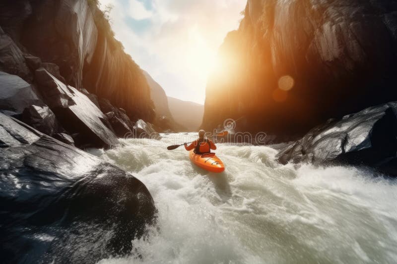 Extreme Kayaking Down the Wild River in Mountains at Sunset, Generative ...