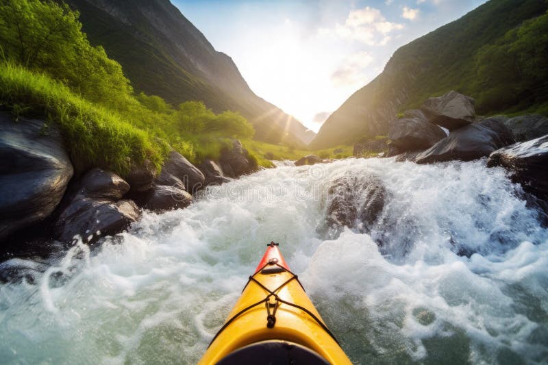 Extreme Kayaking Down the Wild River in Mountains at Sunset, POV ...