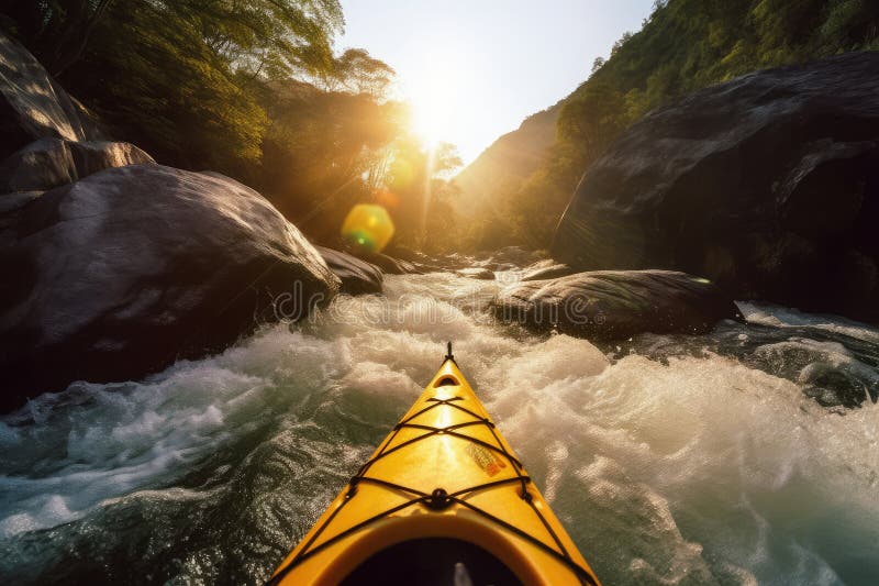 Extreme Kayaking Down the Wild River in Mountains at Sunset, POV ...