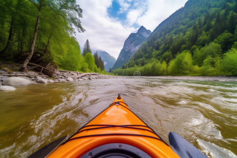 Extreme Kayaking Down the Wild River in Mountains at Sunset, POV ...