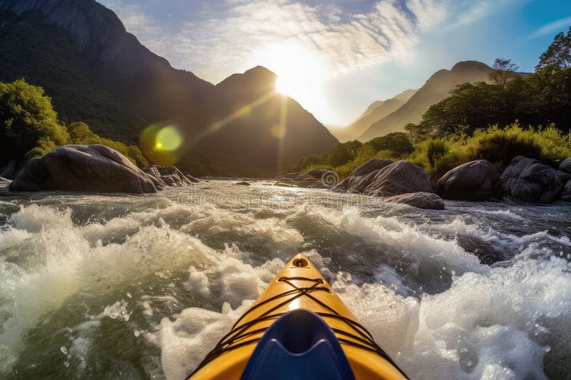 Extreme Kayaking Down the Wild River in Mountains at Sunset, POV ...