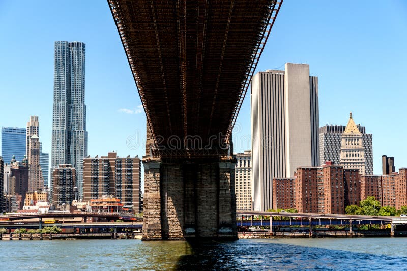 Extreme Perspective of the Brooklyn Bridge and the East River. Stock ...
