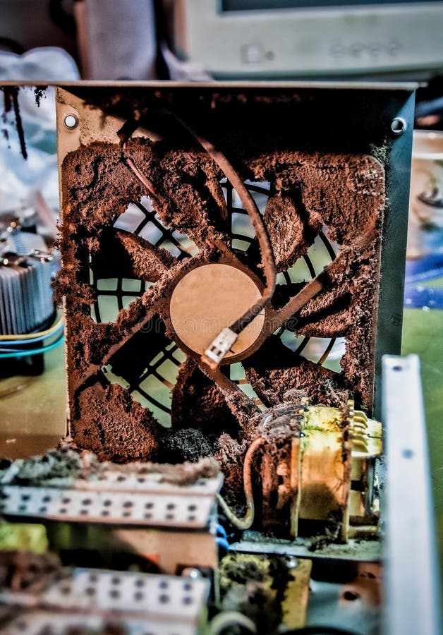 Extremely Dirty Cooling Fan of Broken Computer Power Supply. Stock ...