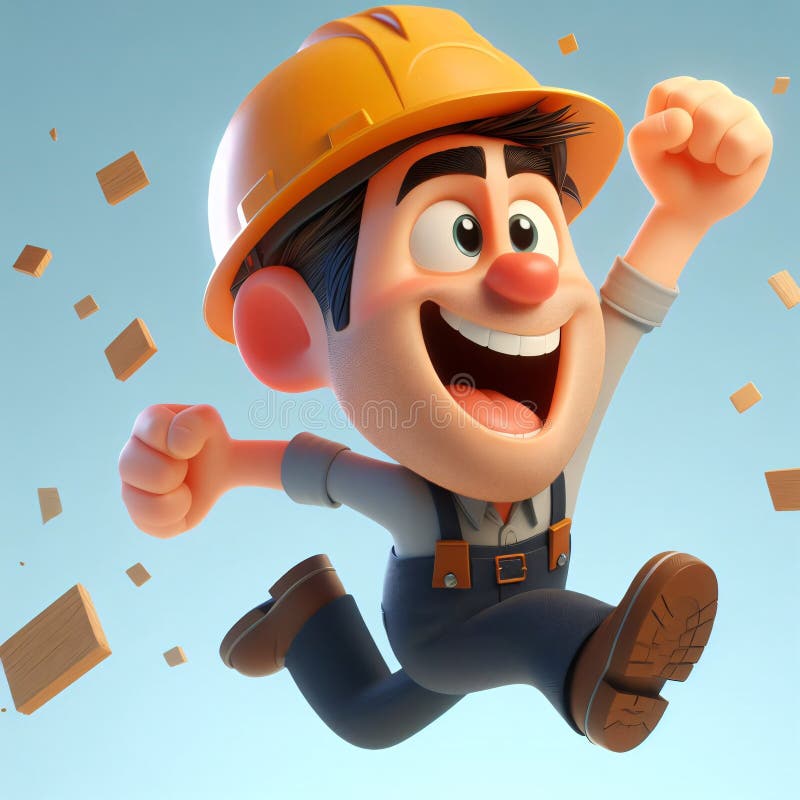 Exuberant 3D Cartoon Worker, Jumping Joyfully, Exaggerated Features ...