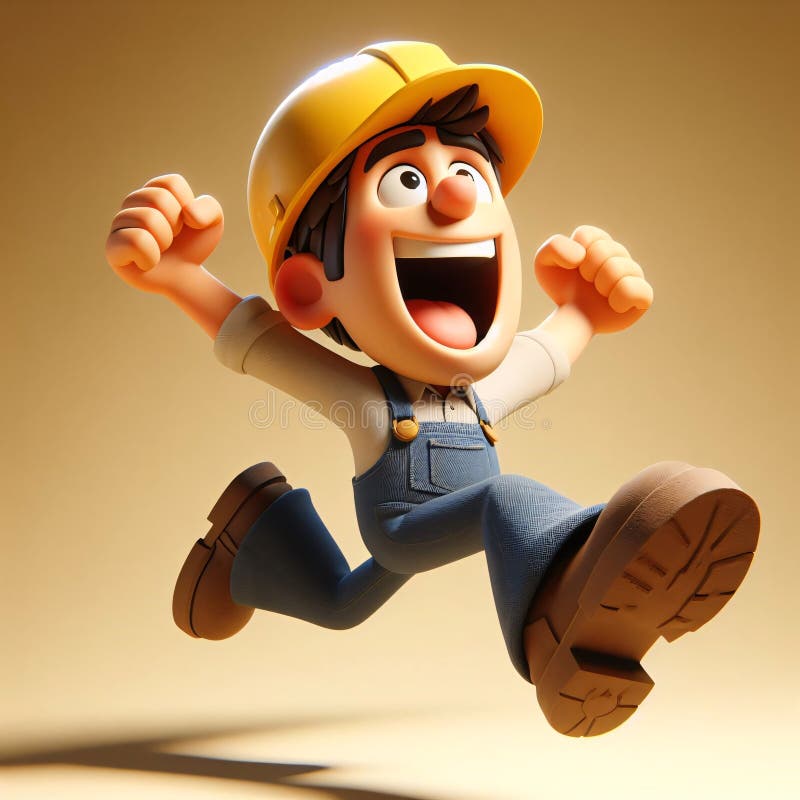 Exuberant 3D Worker in Cartoon, Jumping with Happiness, Exaggerated ...