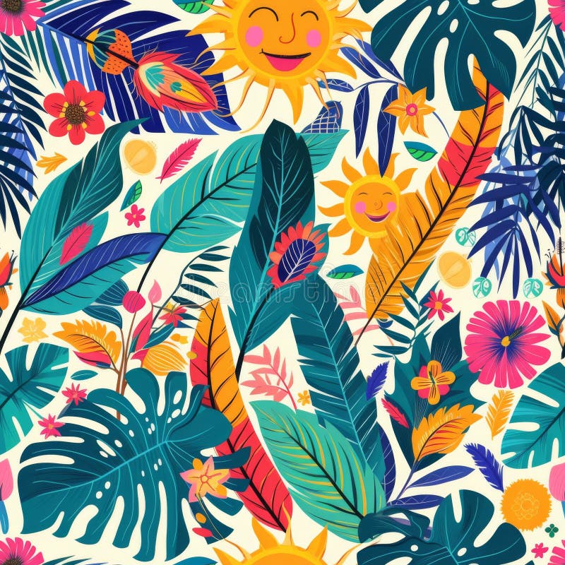An Exuberant Seamless Pattern Featuring Playful Suns Nestled among ...