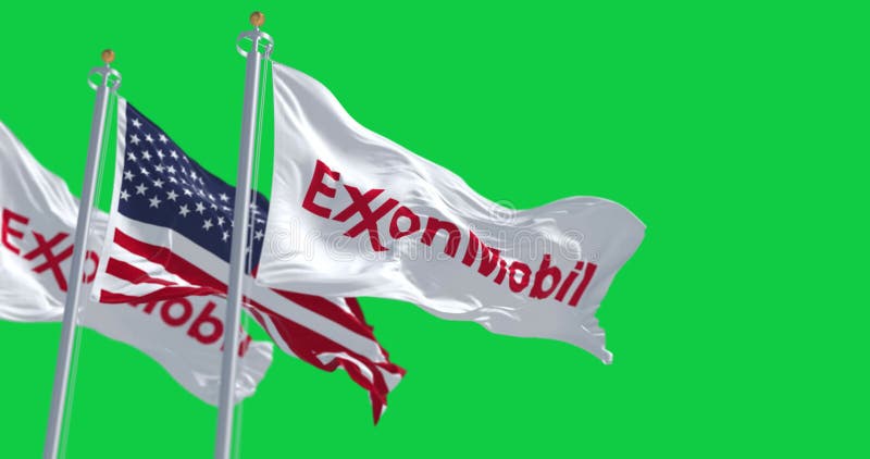 ExxonMobil and the American Flags Waving on Green Screen Stock Video ...