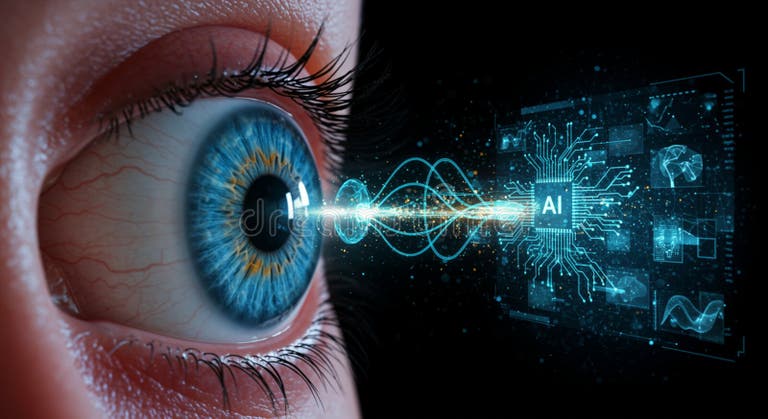 Eye with Artificial Intelligence Chip Integration Visualizing Data Stock Illustration ...