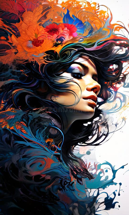 Eye Catching Artwork Showcasing Womans Profile Surrounded by Bold ...