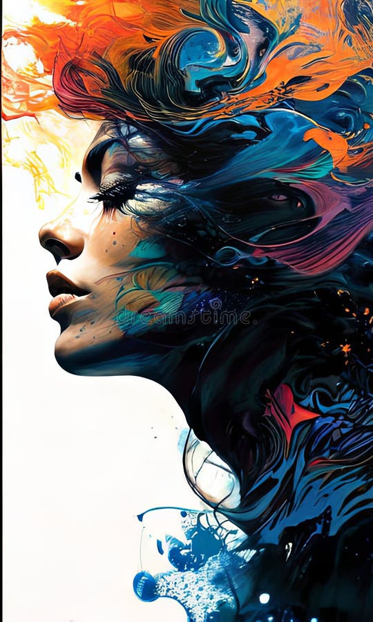 Eye Catching Artwork Showcasing Womans Profile Surrounded by Bold ...