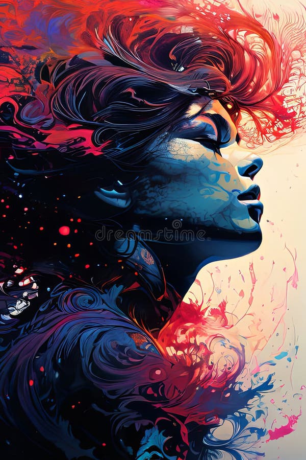 Eye Catching Artwork Showcasing Womans Profile Surrounded by Bold ...