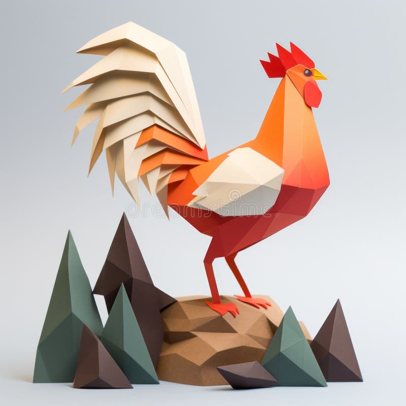 Eye-catching Chicken Paper Craft with Polygon Design Perched on a Tree ...