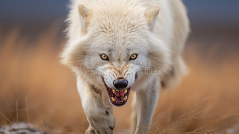 Eye-catching Composition: Lone White Wolf Running with Open Mouth Stock ...