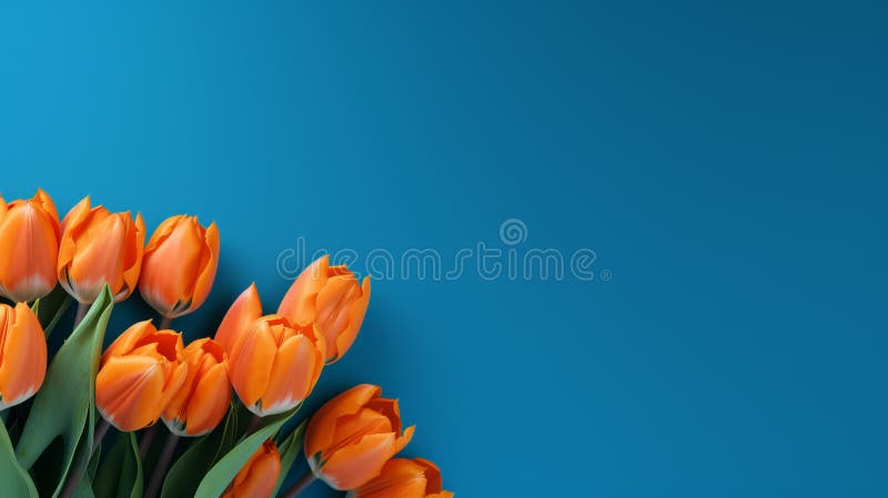 Eye-catching Composition. Vibrant Orange Tulips Set Against Solid Blue ...