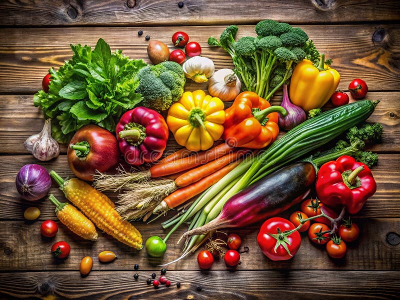 Vibrant Vegetable Display on Rustic Wood a Colorful Fresh Produce ...