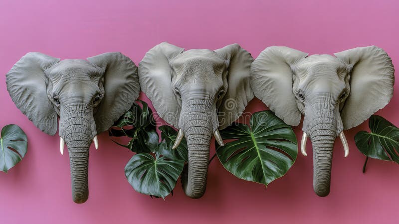 Three Elephant Heads Mounted on Vibrant Pink Wall, Surrounded by ...