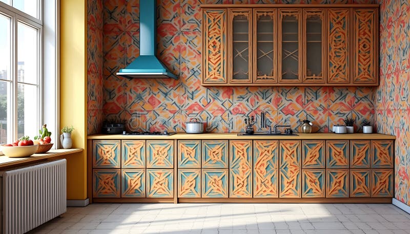 Eye-catching Kitchen Featuring Ornate Cabinets, Backsplash, and a Bold ...
