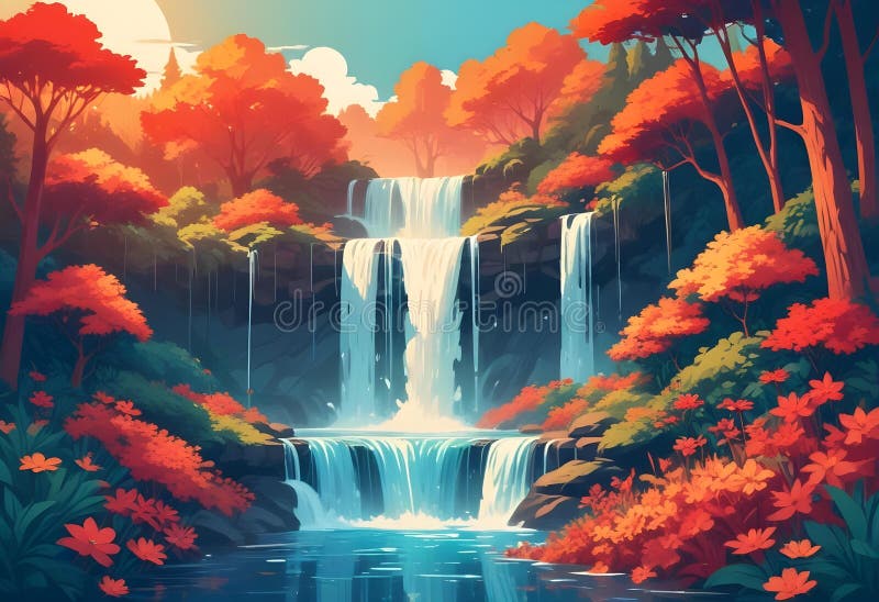 Vibrant Modern Flat Waterfall Illustration: Engaging Visuals for ...