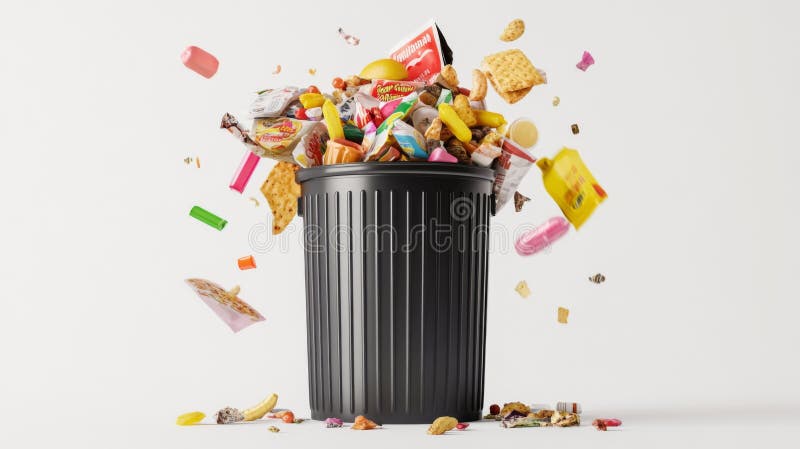 A Colorful Explosion of Trash Bursting from a Black Garbage Bin. this ...