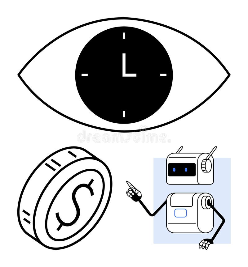 Eye with Clock, Dollar Coin, and Robot - Concept of Time, Money, and ...