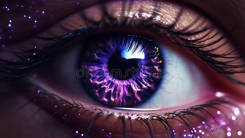 Eye Close Up with Abstract Purple Cosmic Reflections. Neural Network Ai ...