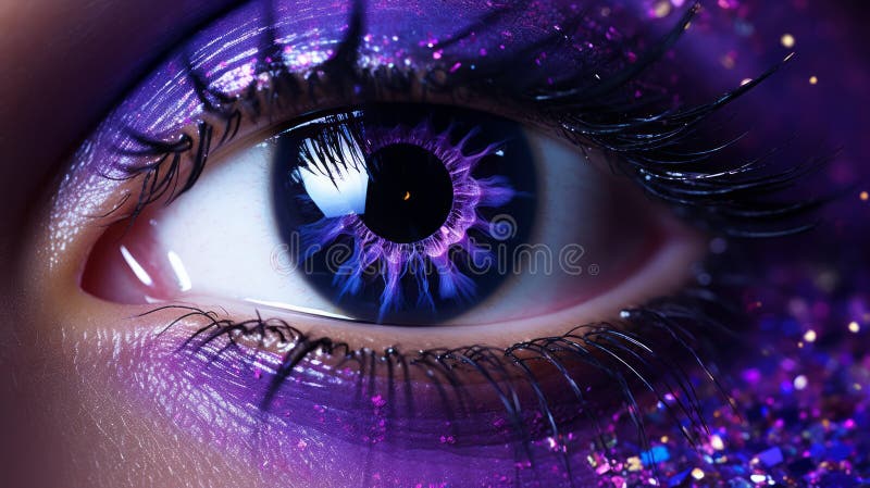 Eye Close Up with Abstract Purple Cosmic Reflections. Neural Network Ai ...