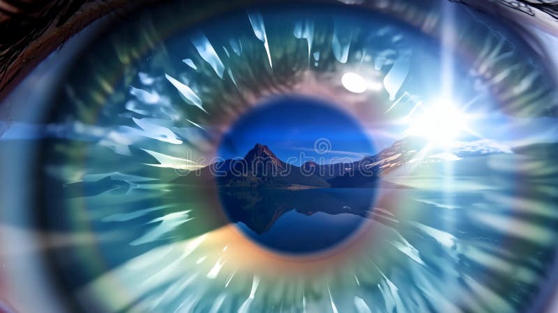 An Eye Close-up with a Mountain Landscape Reflection, Blending Human ...