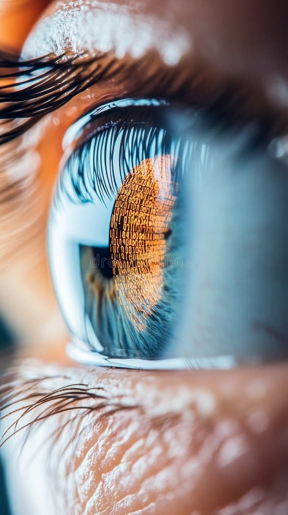 An Eye with Detailed Iris Patterns Reflects Streams of Binary Code ...