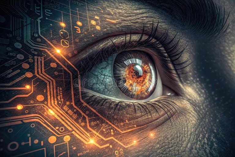 Eye with Digital Circuitry and Glowing Elements Representing Technology ...
