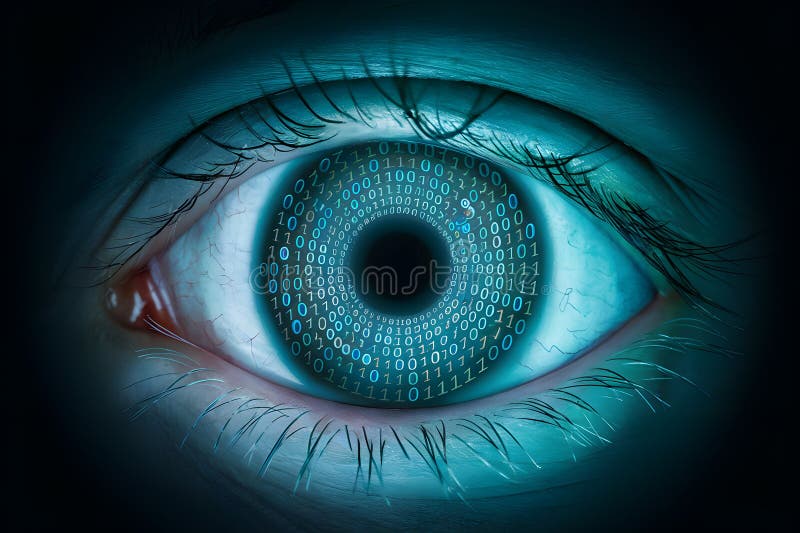 Eye with Digital Matrix of Binary Numbers Streaming Across Iris Stock ...