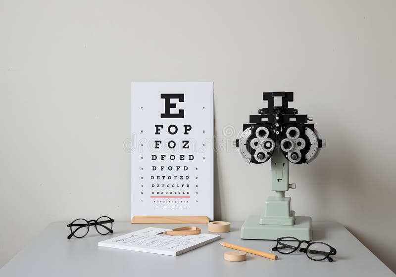 Eye Exam Setup: Optometry Chart, Phoropter, and Eyeglasses on Table ...
