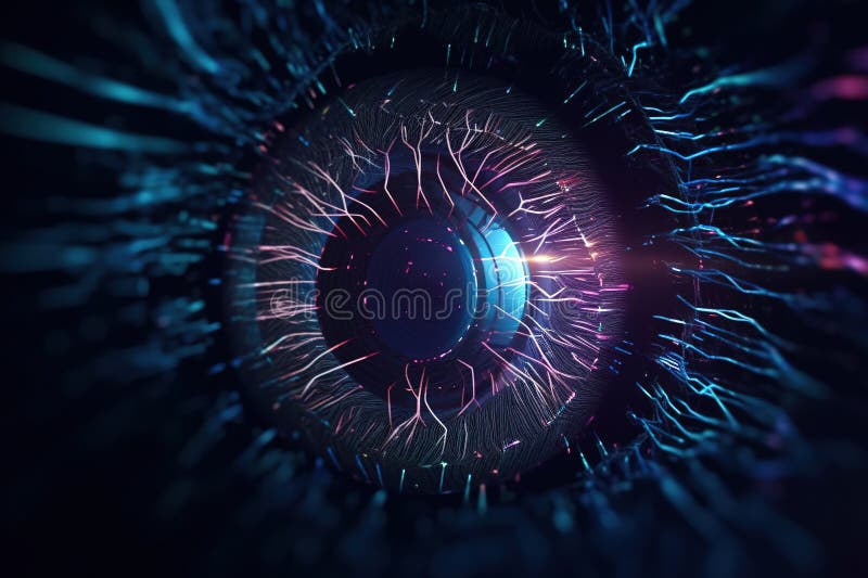 An Eye With Glowing Neon Lights Abstract Futuristic Background Stock