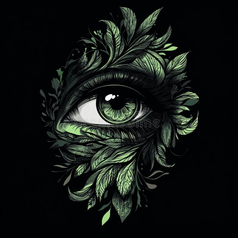 Eye with Green Leaves on Black Background Stock Illustration ...