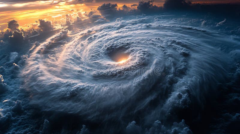 Eye of a Hurricane Seen from Above with Swirling Clouds and a Glimpse ...
