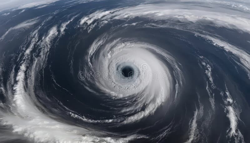 Eye of Hurricane Viewed from Space with Swirling Clouds and Ocean Stock ...