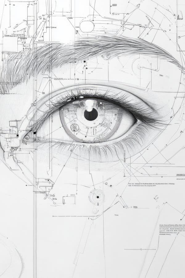 An Eye is Illustrated with Detailed Lines, Merged with Technical ...