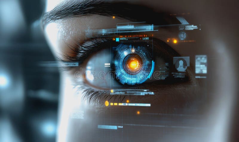 Eye Interacting with Futuristic HUD Display, Biometric Data, and ...