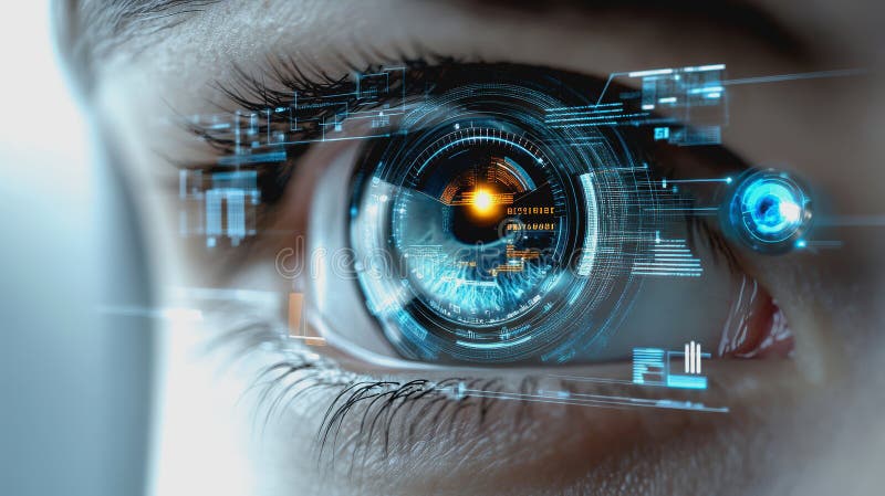 Eye Interacting with Futuristic HUD Display, Biometric Data, and ...