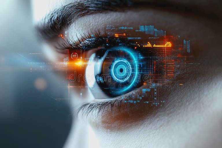 Eye Interacting with Futuristic HUD Display, Biometric Data, and ...