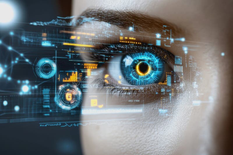 Eye Interacting with Futuristic HUD Display, Biometric Data, and ...