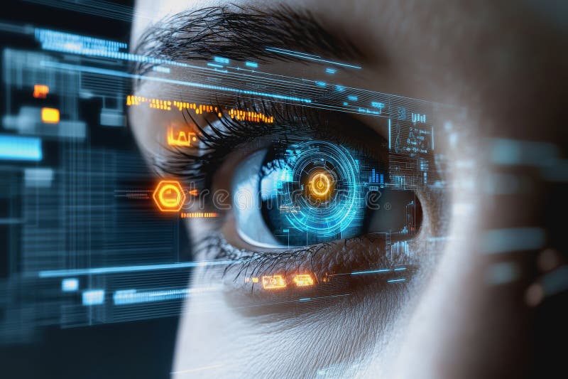 Eye Interacting with Futuristic HUD Display, Biometric Data, and ...