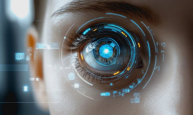 Eye Interacting with Futuristic HUD Display, Biometric Data, and ...
