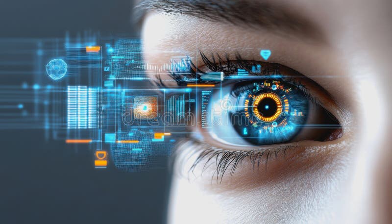 Eye Interacting with Futuristic HUD Display, Biometric Data, and ...