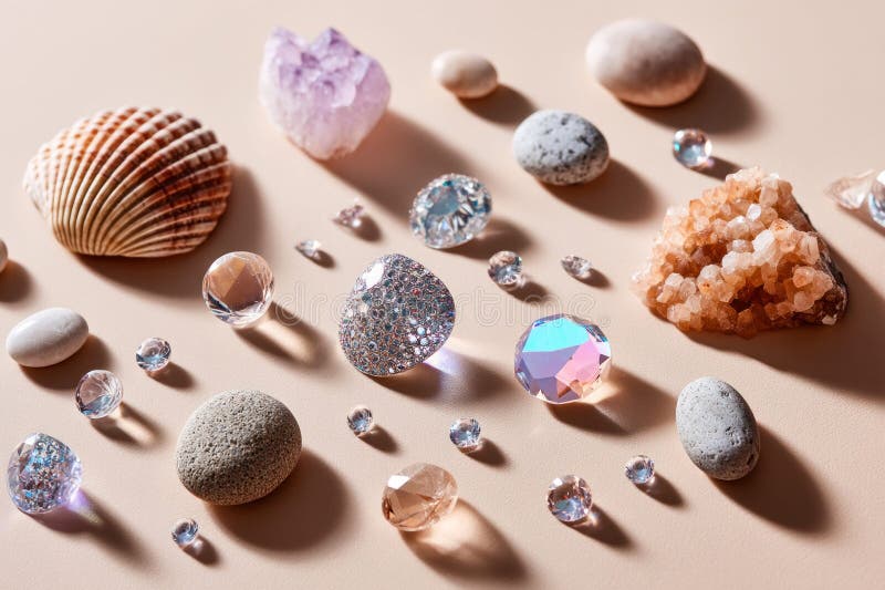 An Eye-level Shot of Assorted Gemstones, a Seashell, and Different ...