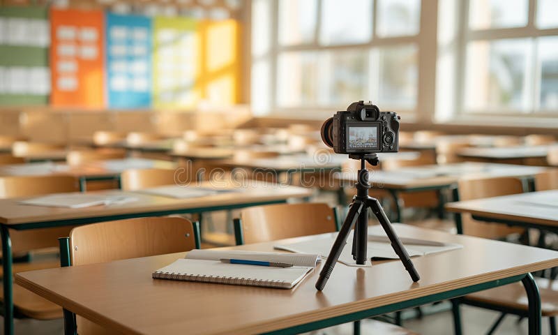 Classroom Interior with Camera on Tripod and Rows of Empty Desks in ...